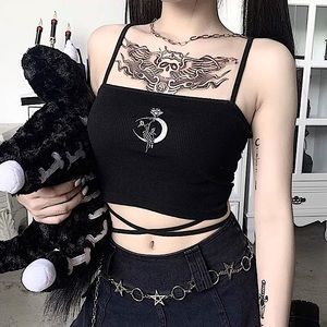 Tops | Black Rose Crescent Moon Wrap Crop Top | Poshmark